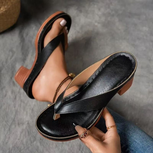Summer Flip-flops Shoes Fashion Solid Color Square-heeled Sandals Wome ...